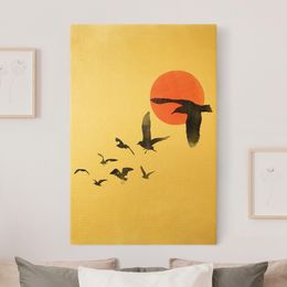Bilderwelten Leinwandbild Vogelschwarm vor Sonne