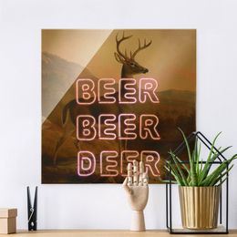 Bilderwelten Glasbild Tiere Digital Art braun Glas Wandbild - Beer Beer Deer - Lustig Wohnzimmer Schlafzimmer