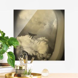 Bilderwelten Glasbild Tiere Digital Art schwarz weiss Glas Wandbild - Fliegender Wal in den Wolken - Flugzeug & Hubschrauber Wohnzimmer Schlafzimmer
