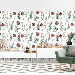 Bilderwelten Fototapete Aquarell Muster Eukalyptus und Bl&uuml;ten Wohnzimmer,Schlafzimmer Vliestapete inkl. Kleister oder selbstklebend