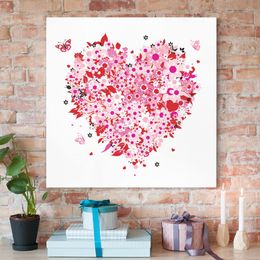 Bilderwelten Leinwandbild Blumen modern Kunstdruck rosa - Floral Retro Heart - Wandbild XXL Wohnzimmer Schlafzimmer