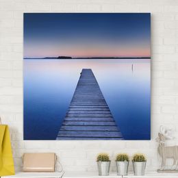 Bilderwelten Leinwandbild Natur modern 3D-Effekt blau - Flusssteg bei Sonnenuntergang - Landschaft XXL Wohnzimmer Schlafzimmer