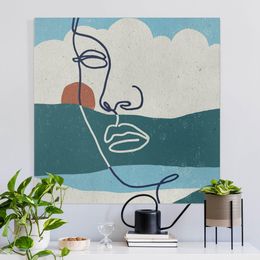 Bilderwelten Leinwandbild Portrait Line Art Kunstdruck blau - Lineart Portrait mit Sonne - Wandbild XXL Wohnzimmer Schlafzimmer