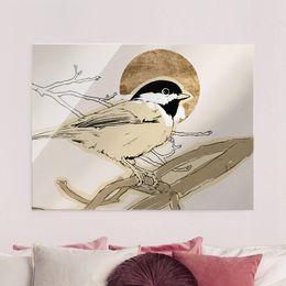 Bilderwelten Glasbild Tiere Vintage beige Glas Wandbild - Vogel vor goldener Sonne I - Retro Wohnzimmer Schlafzimmer