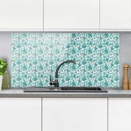 Bilderwelten Glas Spritzschutz Tropisch t&uuml;rkis Tiere Aquarell - Aquarell Kolibri und Pflanzen Silhouetten Muster in T&uuml;rkis - Deko K&uuml;chenr&uuml;ckwand aus Glas