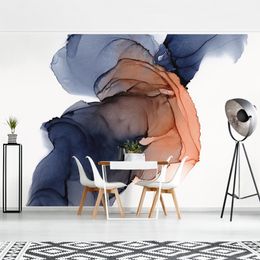 Bilderwelten Fototapete originell Abstrakt Aquarell blau - Ozeantropfen Blau-Orange mit Gold - Deko Wohnzimmer Schlafzimmer