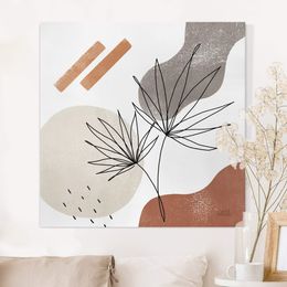 Bilderwelten Leinwandbild originell Line Art Kunstdruck grau - F&auml;cherpalme Lineart und Terracotta Farben - Wandbild XXL Wohnzimmer Schlafzimmer