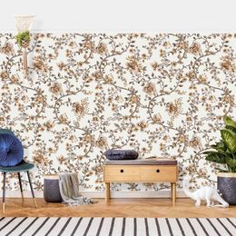Bilderwelten Fototapete Blumen Vintage Wandtapete braun - Pastell Blumenranken getrocknet - Retro Wohnzimmer Schlafzimmer