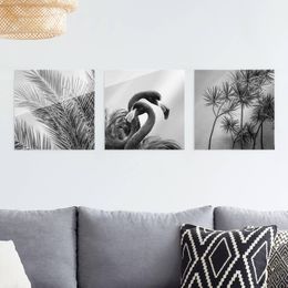 Bilderwelten Glasbild Natur Tropisch schwarz weiss Glas Wandbild - Flamingos und Palmen - Palme Wohnzimmer Schlafzimmer