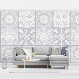 Bilderwelten Fototapete Spirituell Landhaus Fliesenoptik grau - Orientalischer Mandala Mustermix mit Grau - Mandala Wohnzimmer Schlafzimmer