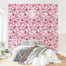 Bilderwelten Fototapete Blumen Landhaus Wandtapete pink - Pinke Blumen mit Schmetterlingen - Deko Wohnzimmer Schlafzimmer