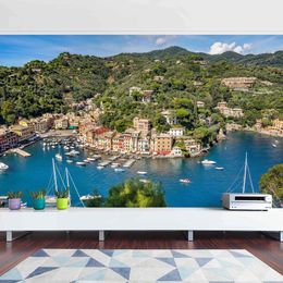 Bilderwelten Fototapete Strand Motiv Wandtapete blau - Portofino Harbour - Architektur Wohnzimmer Schlafzimmer