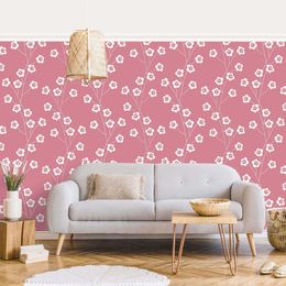Bilderwelten Fototapete Vliestapete Tropisch Wandtapete rosa - Nat&uuml;rliches Muster zarte Blumen vor Rosa - Deko Wohnzimmer Schlafzimmer