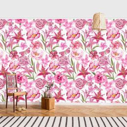 Bilderwelten Fototapete Pinke Blumen mit Schmetterlingen