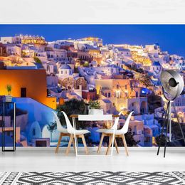 Bilderwelten Fototapete Stadt Motiv Wandtapete blau - Santorini at night - Architektur Wohnzimmer Schlafzimmer