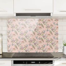 Bilderwelten Glas Spritzschutz Illustration rosa Tiere Aquarell - Aquarell V&ouml;gel mit gro&szlig;en Bl&uuml;ten vor Rosa - V&ouml;gel K&uuml;chenr&uuml;ckwand aus Glas
