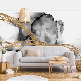 Bilderwelten Fototapete originell Abstrakt Aquarell schwarz - Schwarze Tusche mit goldenen Linien - Deko Wohnzimmer Schlafzimmer