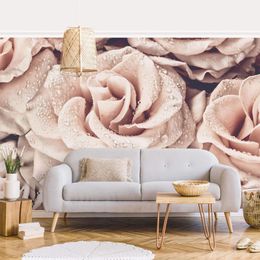 Bilderwelten Fototapete Blumen Landhaus Wandtapete beige - Rosen Sepia mit Wassertropfen - Rose Wohnzimmer Schlafzimmer