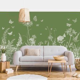 Bilderwelten Fototapete Blumen Landhaus Wandtapete gr&uuml;n - Gro&szlig;e Blumen mit Schmetterlingen in Gr&uuml;n - Schmetterlinge Wohnzimmer Schlafzimmer
