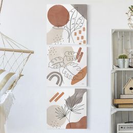 Bilderwelten Leinwandbild originell Line Art Kunstdruck beige - Pflanzenbl&auml;tter Lineart und Terracotta Farben - Wandbild XXL Wohnzimmer Schlafzimmer