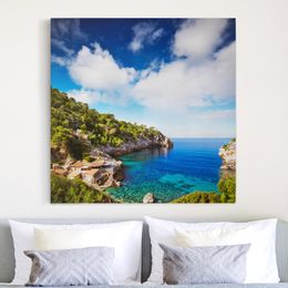 Bilderwelten Leinwandbild Strand Motiv Kunstdruck blau - Cala de Deia in Mallorca - Landschaft XXL Wohnzimmer Schlafzimmer