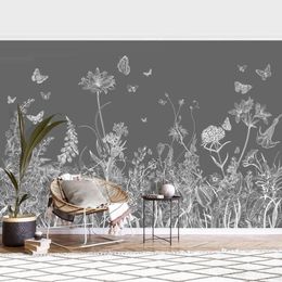 Bilderwelten Fototapete Blumen Landhaus Wandtapete grau - Gro&szlig;e Blumen mit Schmetterlingen in Grau - Schmetterlinge Wohnzimmer Schlafzimmer