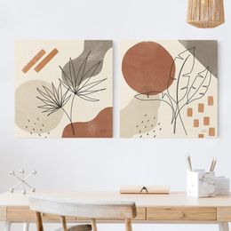 Bilderwelten Leinwandbild originell Line Art Kunstdruck beige - Pflanzenbl&auml;tter Lineart und Terracotta Farben - Wandbild XXL Wohnzimmer Schlafzimmer
