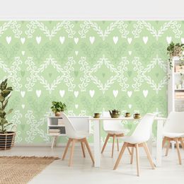 Bilderwelten Fototapete Vliestapete Vintage Wandtapete gr&uuml;n - Herzen mit Blumen Muster in Gr&uuml;n - Herz Wohnzimmer Schlafzimmer
