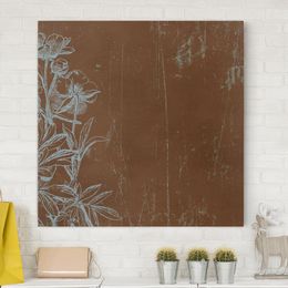 Bilderwelten Leinwandbild Blumen modern Kunstdruck Leinwanddruck - Blaue Blumenskizze - Pflanzen XXL Wohnzimmer Schlafzimmer