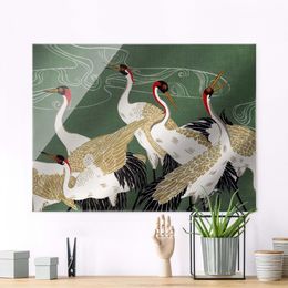 Bilderwelten Glasbild Tiere modern gr&uuml;n Glas Wandbild - Kraniche mit goldenen Federn I - V&ouml;gel Wohnzimmer Schlafzimmer
