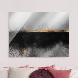 Bilderwelten Glasbild originell Abstrakt schwarz weiss Aquarell - Abstrakter Goldener Horizont Schwarz Wei&szlig; - Deko Wohnzimmer Schlafzimmer