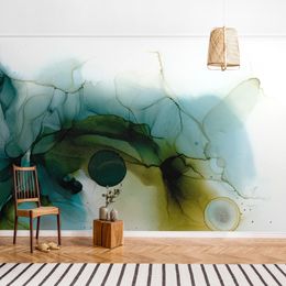 Bilderwelten Fototapete originell Abstrakt Aquarell petrol - Goldener Waldspaziergang - Deko Wohnzimmer Schlafzimmer