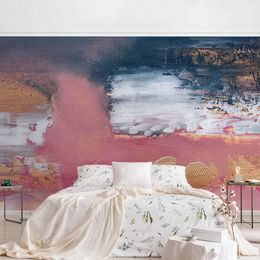 Bilderwelten Fototapete originell Abstrakt Wandtapete rosa - Rosa Sturm mit Gold - Deko Wohnzimmer Schlafzimmer