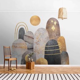 Bilderwelten Fototapete originell Abstrakt Wandtapete grau - Gold Berge mit Mond - Deko Wohnzimmer Schlafzimmer