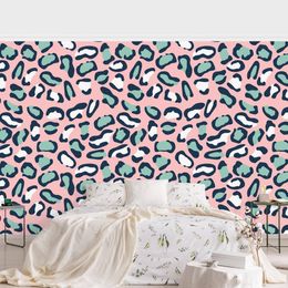Bilderwelten Fototapete Tiere modern Wandtapete pastell - Leopardenmuster in Pastell Rosa und Blau - Katze Wohnzimmer Schlafzimmer