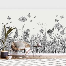 Bilderwelten Fototapete Blumen Landhaus Wandtapete schwarz weiss - Gro&szlig;e Blumen mit Schmetterlingen in Schwarz - Schmetterlinge Wohnzimmer Schlafzimmer