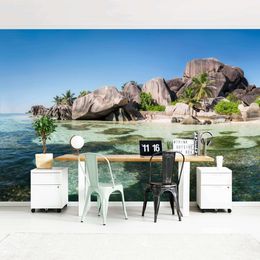 Bilderwelten Fototapete Strand Tropisch Wandtapete t&uuml;rkis - La Digue - Karibik Wohnzimmer Schlafzimmer