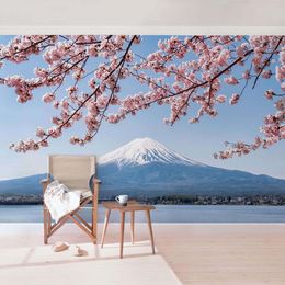 Bilderwelten Fototapete Blumen Motiv Wandtapete blau - Kirschbl&uuml;ten mit Berg Fuji - Kirschbl&uuml;te Wohnzimmer Schlafzimmer