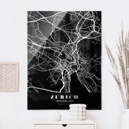 Bilderwelten Glasbild Spr&uuml;che Illustration schwarz weiss Glas Wandbild - Stadtplan Z&uuml;rich - Klassik Schwarz - Karten Wohnzimmer Schlafzimmer