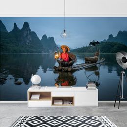 Bilderwelten Fototapete Natur Motiv Wandtapete blau - Kormoranfischer am Abend - Asia Wohnzimmer Schlafzimmer