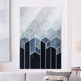 Bilderwelten Glasbild Abstrakt blau Glas Wandbild - Goldene Geometrie - Sechsecke Blau Wei&szlig; - Geometrisch Wohnzimmer Schlafzimmer