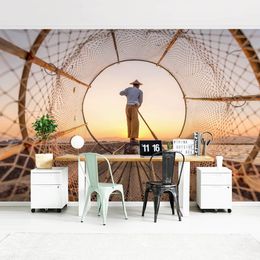 Bilderwelten Fototapete Natur Motiv Wandtapete orange - Intha Fischer am Morgen - Asia Wohnzimmer Schlafzimmer