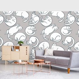 Bilderwelten Fototapete Tiere Illustration Wandtapete grau - Katzen Muster in Grau - Katze Wohnzimmer Schlafzimmer