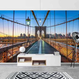 Bilderwelten Fototapete Stadt Motiv Wandtapete orange - Morgenblick von der Brooklyn Bridge - Architektur Wohnzimmer Schlafzimmer