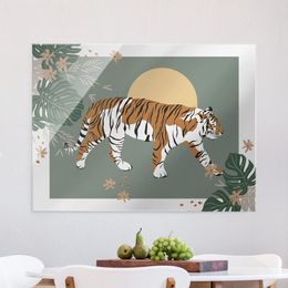 Bilderwelten Glasbild Tiere Tropisch gr&uuml;n Glas Wandbild - Safari Tiere - Tiger im Sonnenuntergang - Pflanzen Jugendzimmer