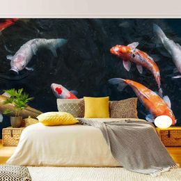 Bilderwelten Fototapete Tiere Motiv Wandtapete schwarz - Kois im Teich - Asia Wohnzimmer Schlafzimmer