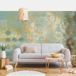 Bilderwelten Fototapete originell Vintage Wandtapete gold - Marokkanische Collage in Gold und T&uuml;rkis II - Ornamente Wohnzimmer Schlafzimmer