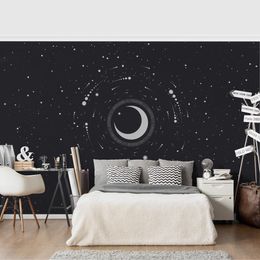 Bilderwelten Fototapete Spirituell modern Wandtapete schwarz weiss - Mond im Sternenkreis - Himmel Wohnzimmer Schlafzimmer