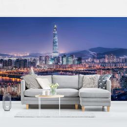 Bilderwelten Fototapete Stadt Motiv Wandtapete blau - Lotte World Tower bei Nacht - Architektur Wohnzimmer Schlafzimmer