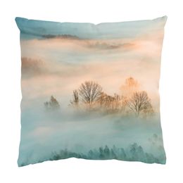Bilderwelten Dekokissen beige Wald Motiv - Nebel bei Sonnenaufgang - B&auml;ume Sofakissen Bezug & F&uuml;llung in 40x40 50x50 60x60